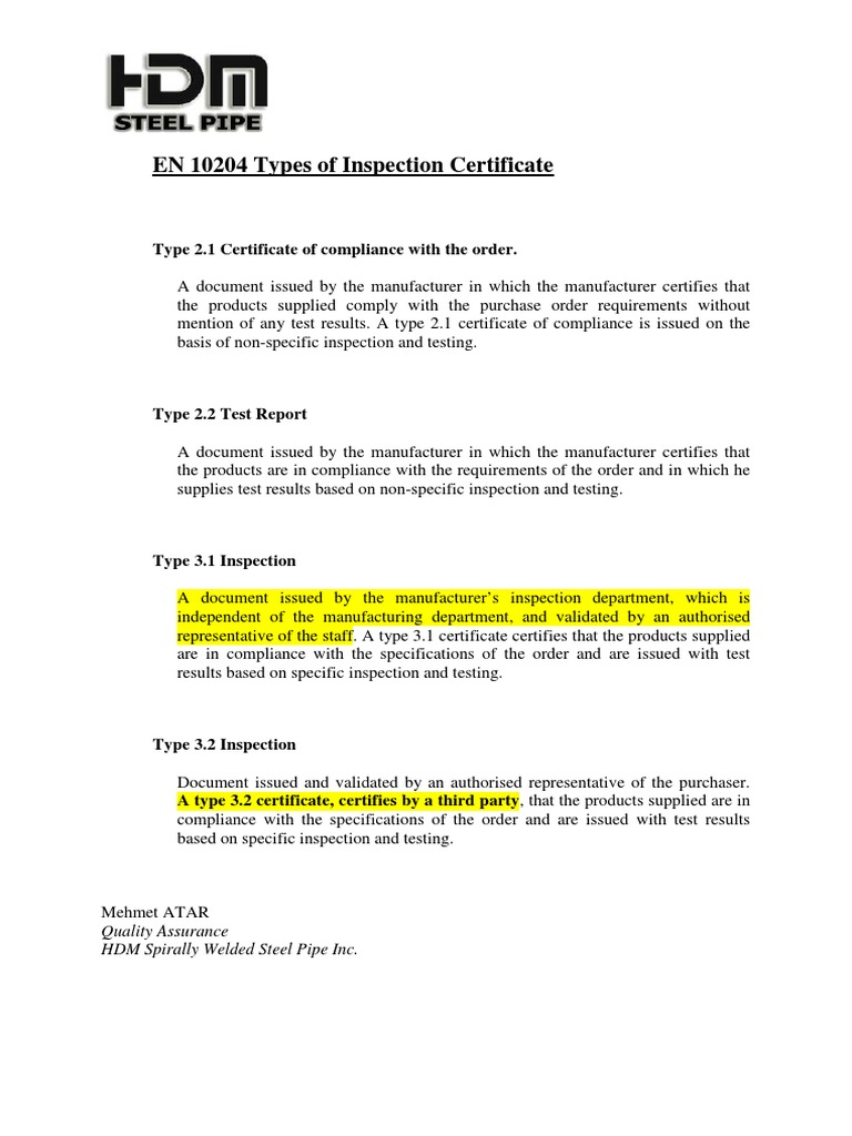 EN 10204 Types of Inspection Certificate PDF | PDF | Business Process ...