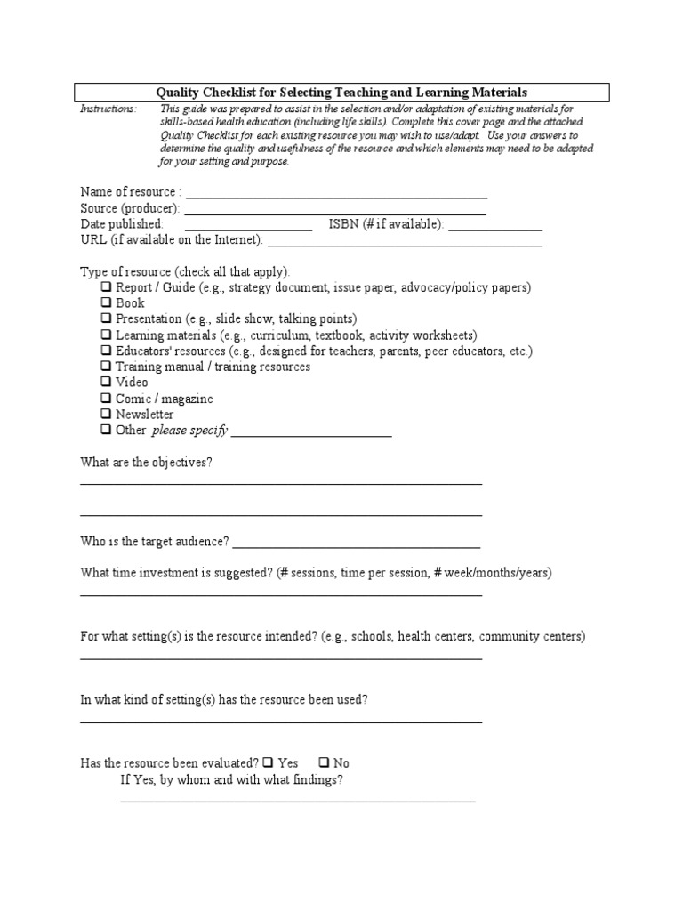 Quality Checklist For Selecting Teaching and Learning Materials | PDF ...
