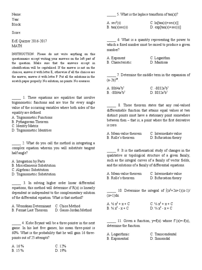 EcE Math Board Exam | PDF | Ellipse | Circle