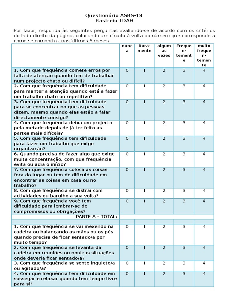 Questionário ASRS-18 rastreio TDAH | PDF