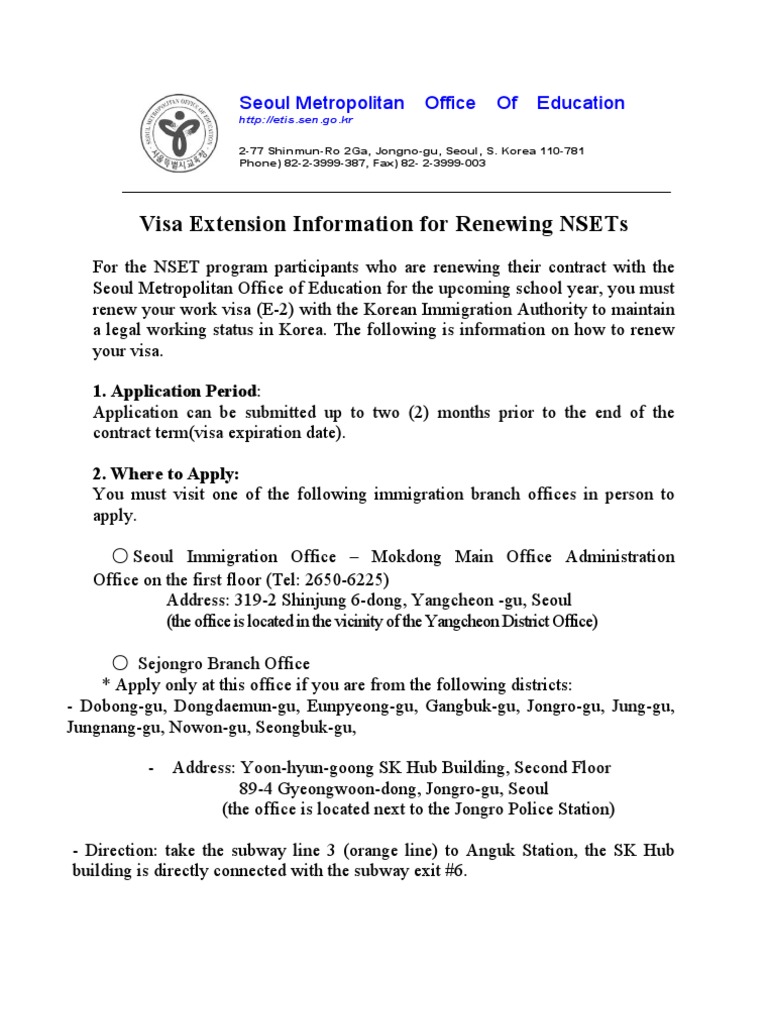 "Visa Extension Information For Renewing NSETs," Seoul Metropolitan ...