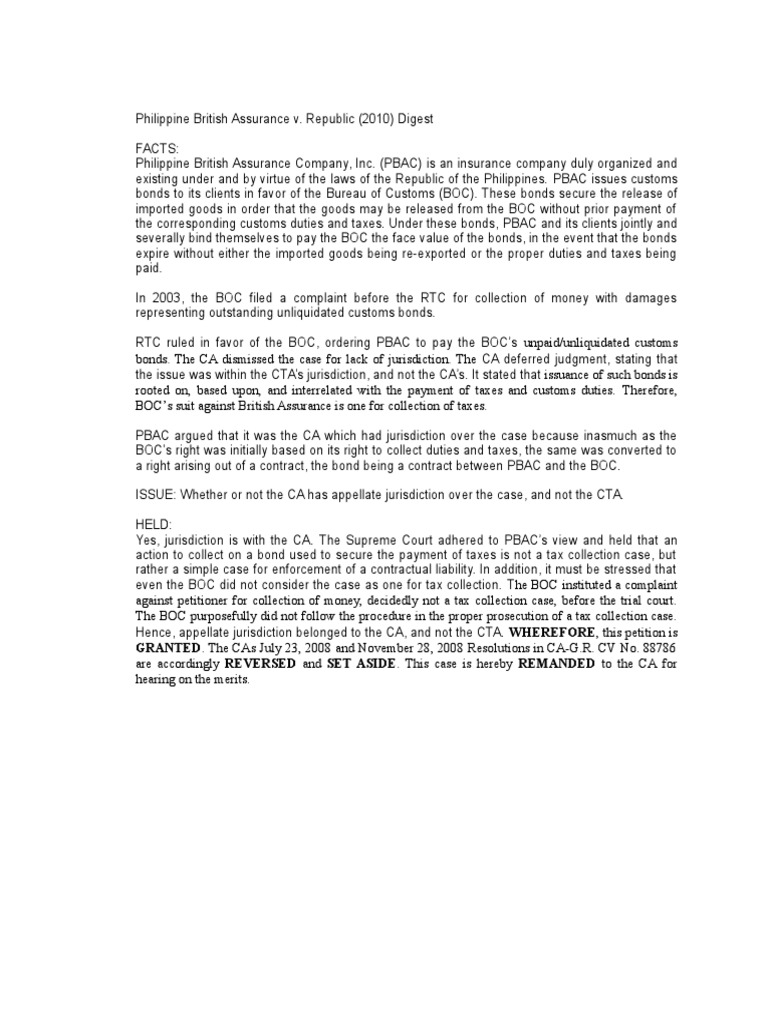 Philippine British Assurance Case Summary | PDF | Jurisdiction | Complaint