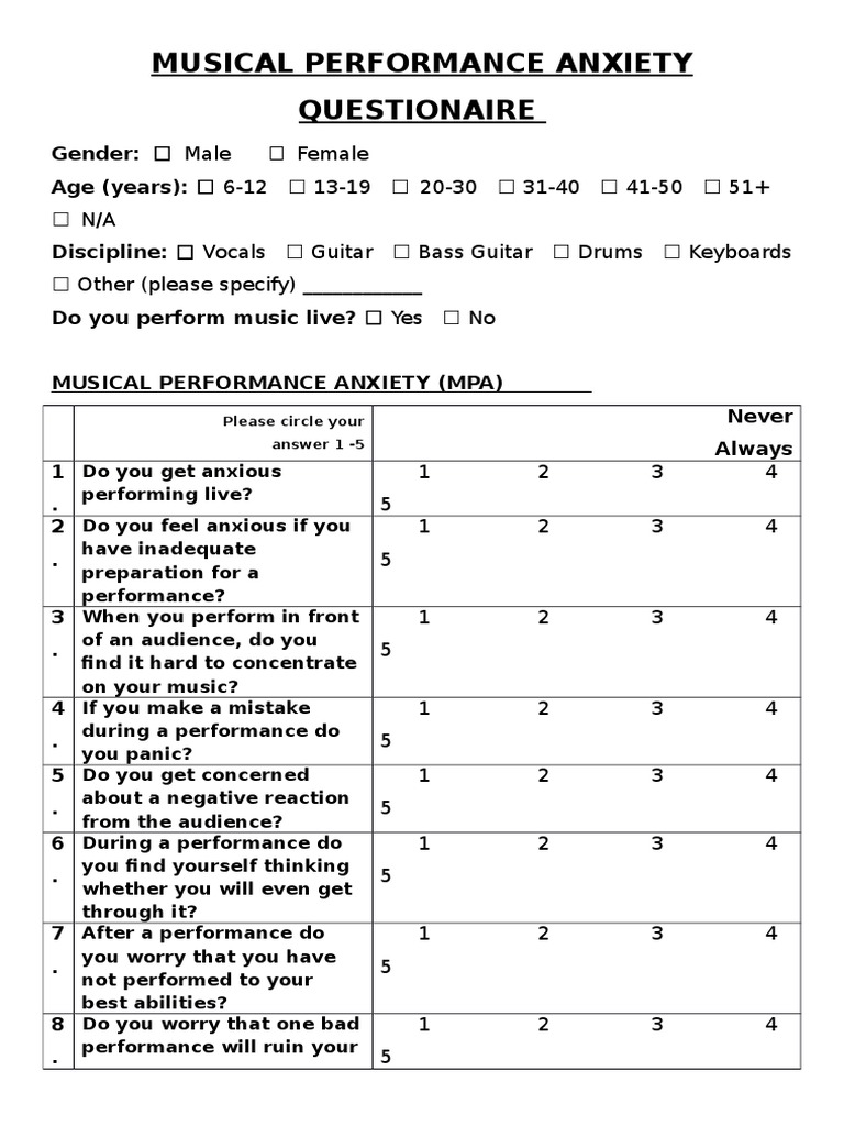 Dealing With Performance Anxiety Questionaire | PDF | Sports & Recreation