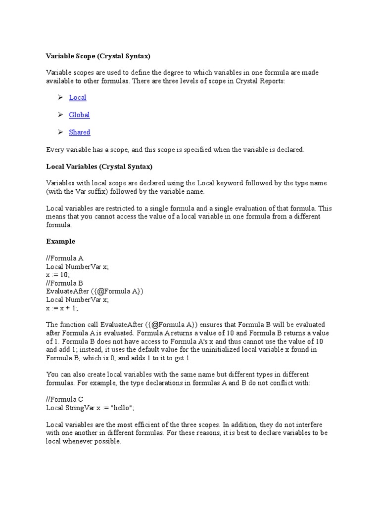Variable Scope Crystal Reports | PDF | Scope (Computer Science) | Variable (Computer Science)