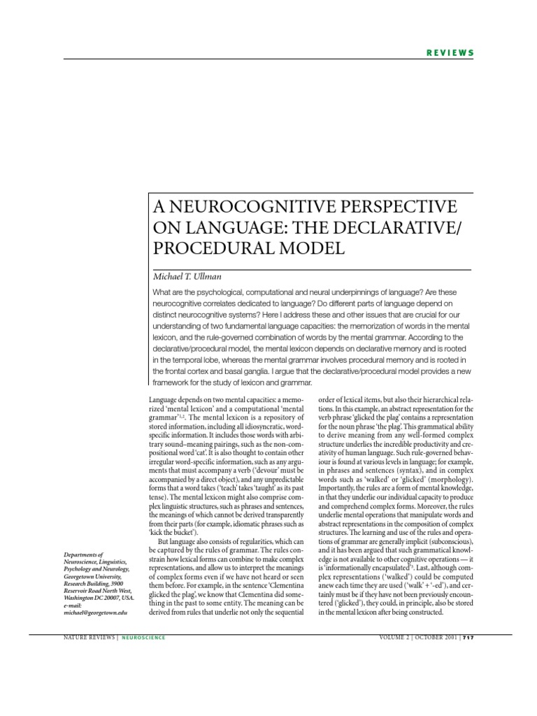A Neurocognitive Perspective On Language: The Declarative/ Procedural ...