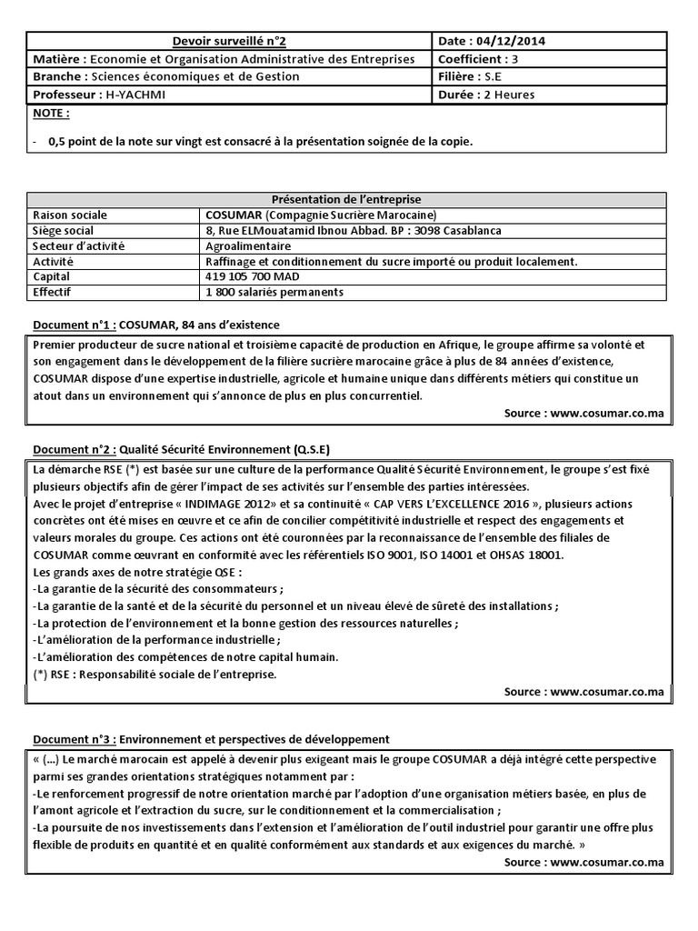 Devoir Surveillé N°2 Économie Et Organisation Administrative Des Entreprises 1er Semestre E.O.A ...