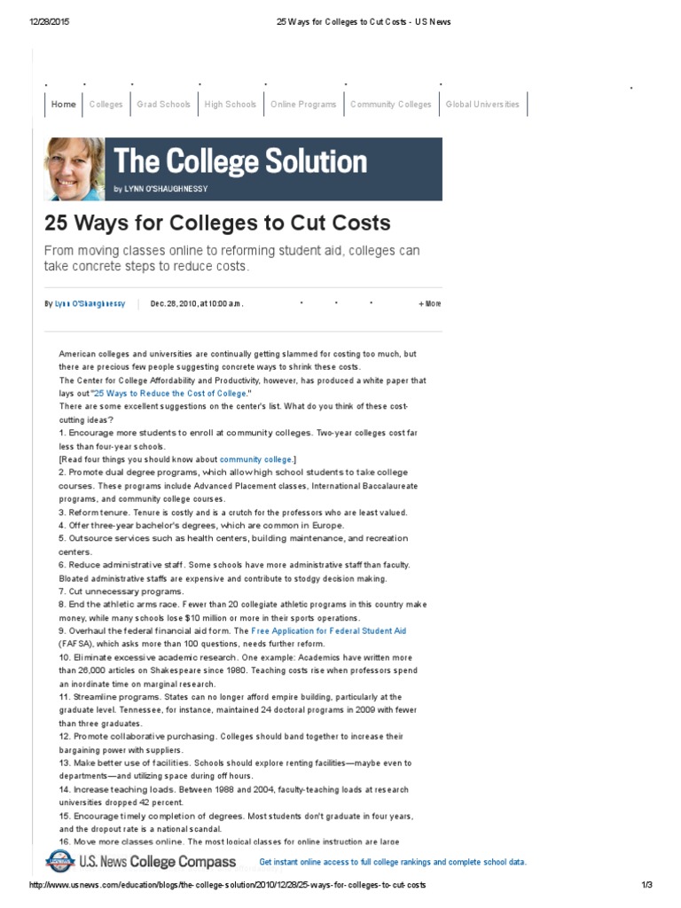 25 Ways For Colleges To Cut Costs US News | PDF | Subsidy | Graduate School
