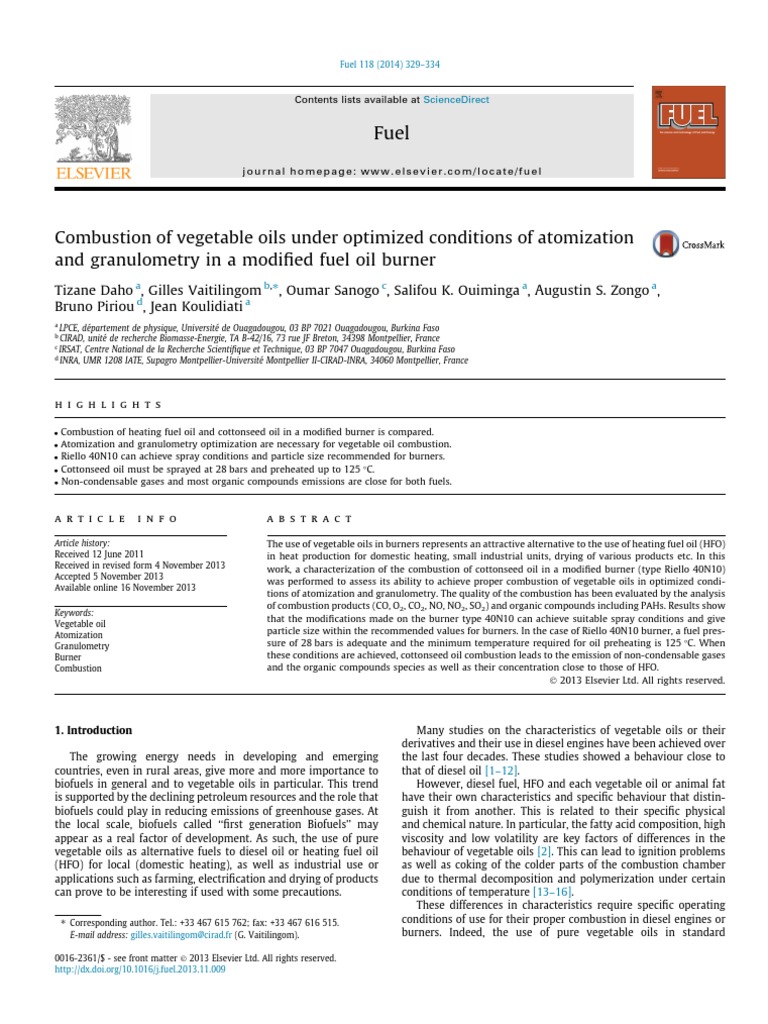 Combustion of Vegetable Oils Under Optimized Conditions of Atomization ...