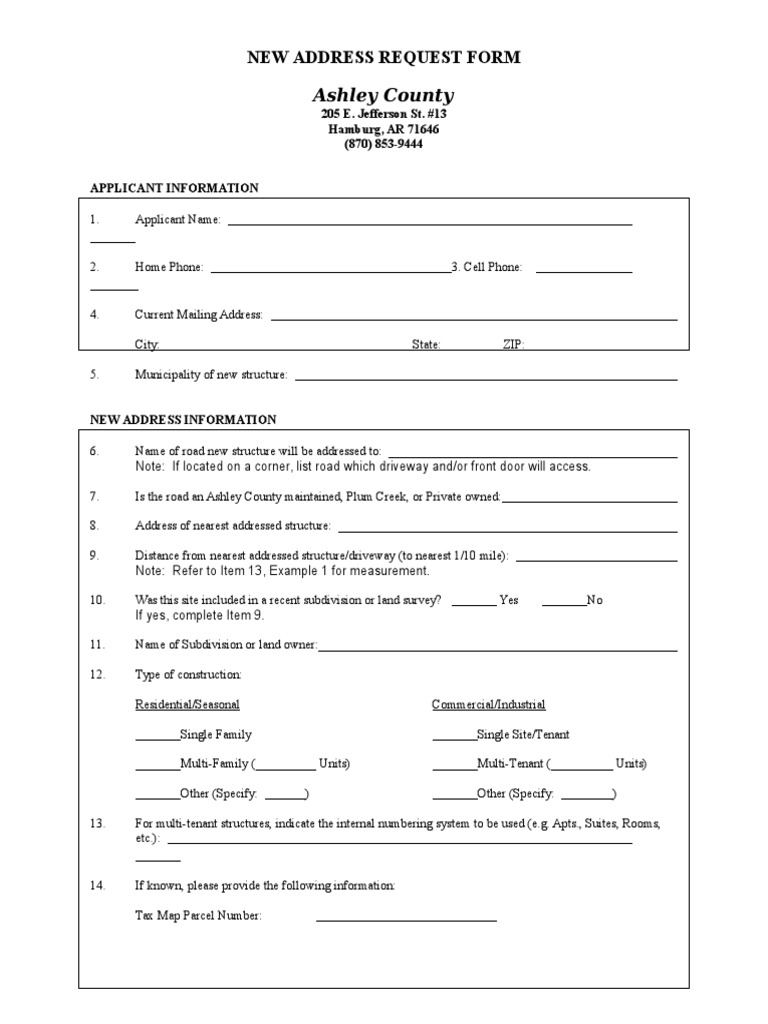 New Address Request Form: Ashley County | PDF | Land Lot | Address ...