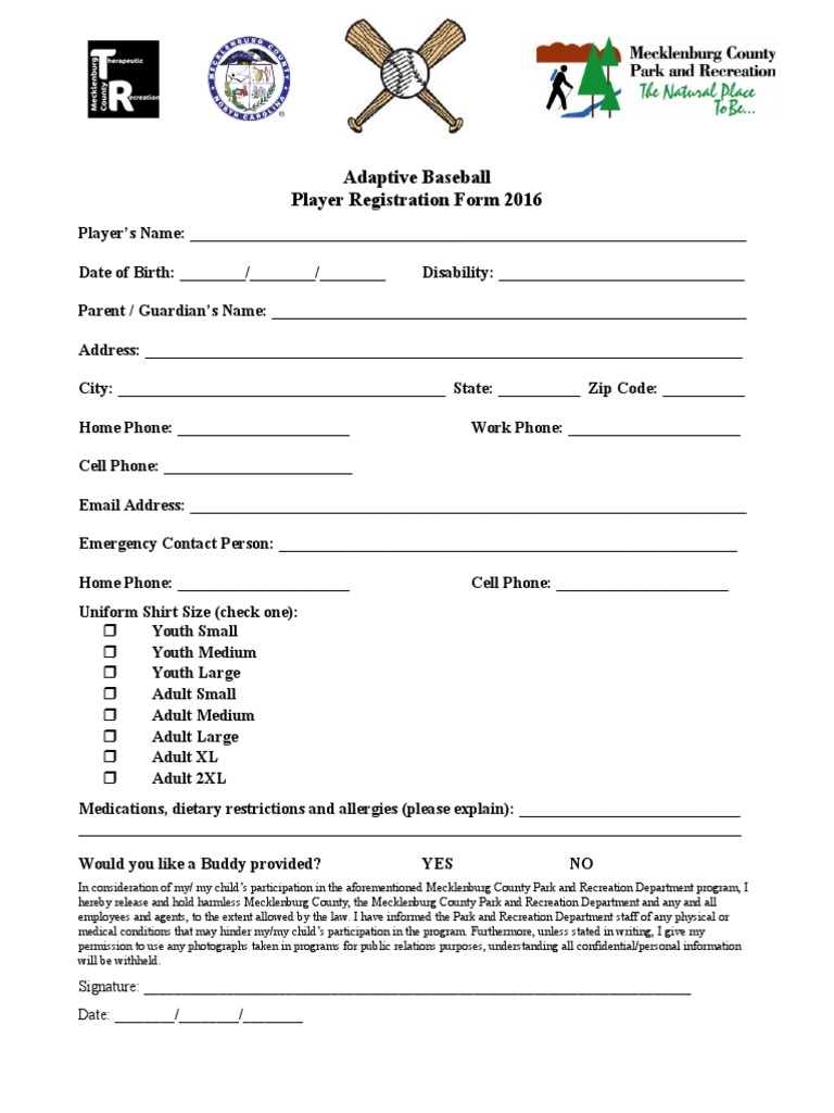 Adaptive Baseball Registration Form 2016 | PDF
