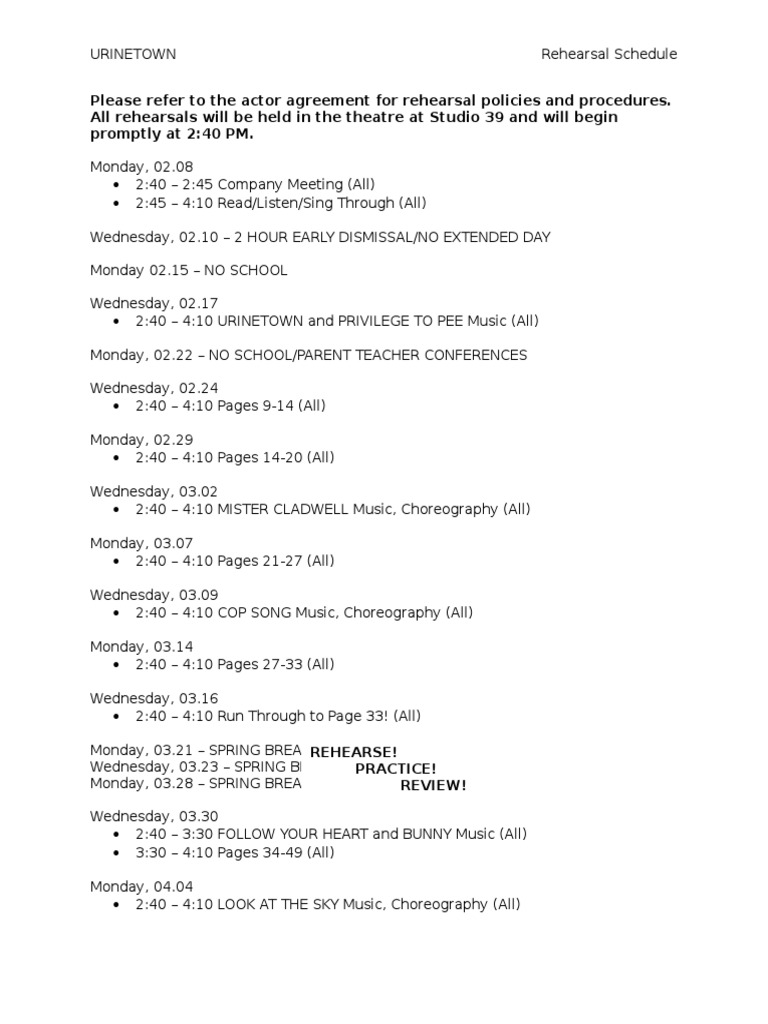 Urinetown Rehearsal Schedule | PDF