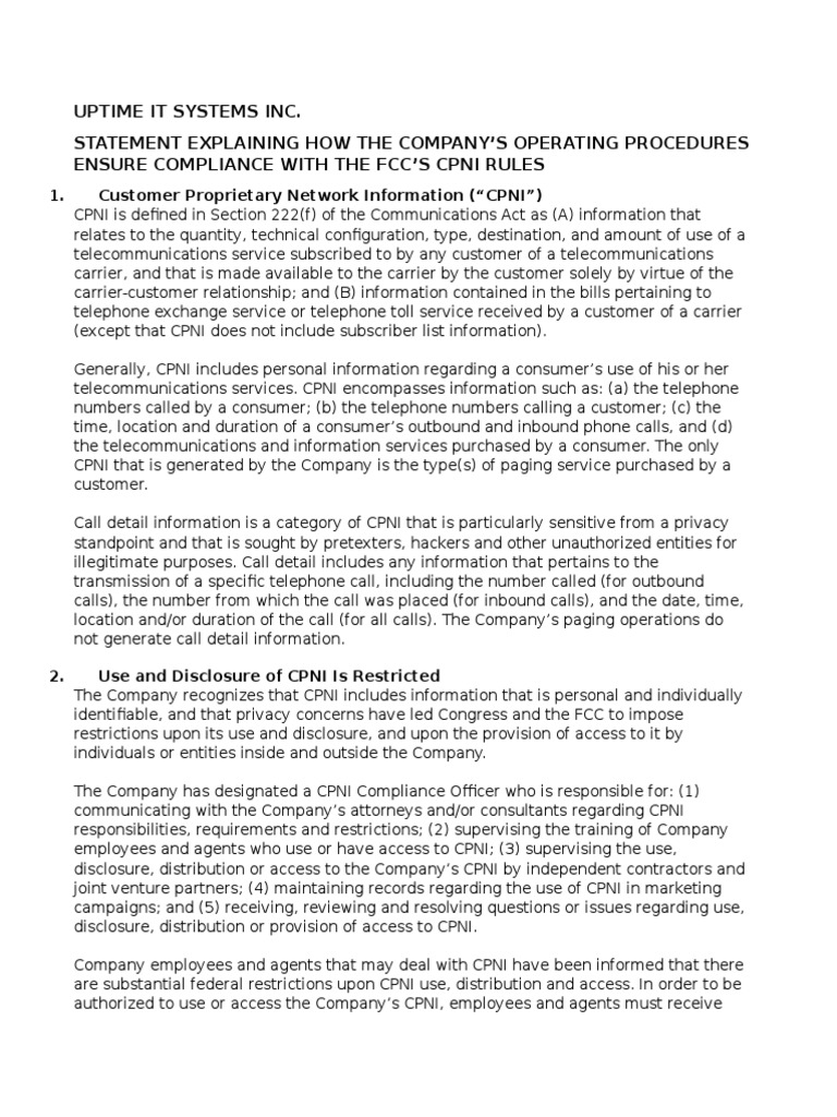 CPNI Statement5 | PDF | Federal Communications Commission | Discovery (Law)