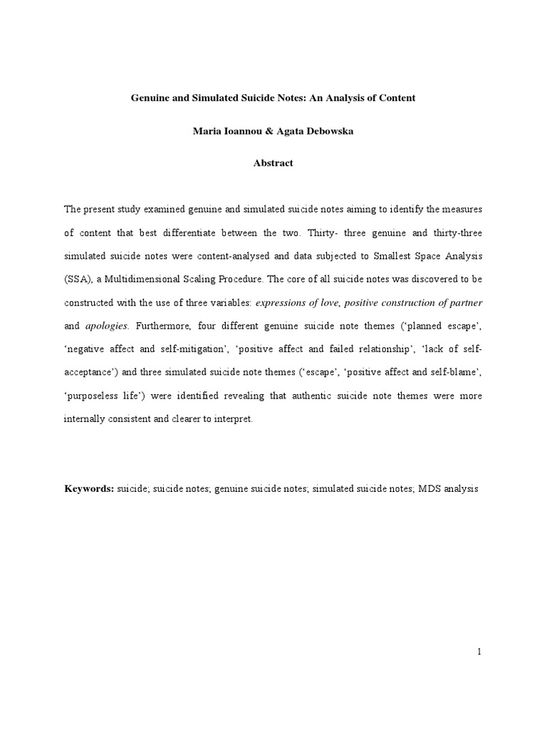 Analysis of Genuine vs. Simulated Suicide Notes | PDF | Affect ...