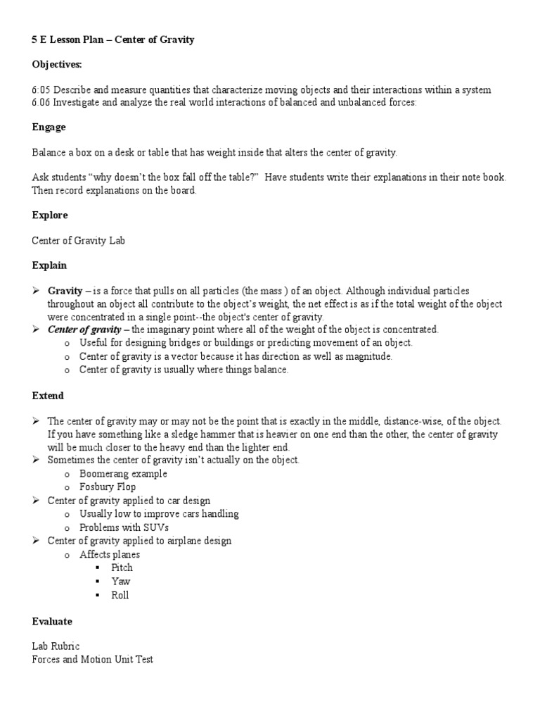 Lesson Plan Center of Gravity | PDF | Center Of Mass | Weight