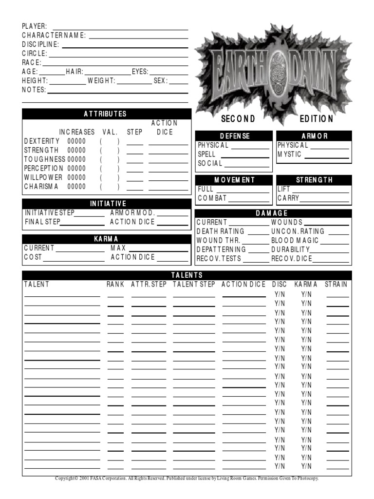 Earthdawn Character Sheet 2e | PDF | Tabletop Games | Fantasy Games