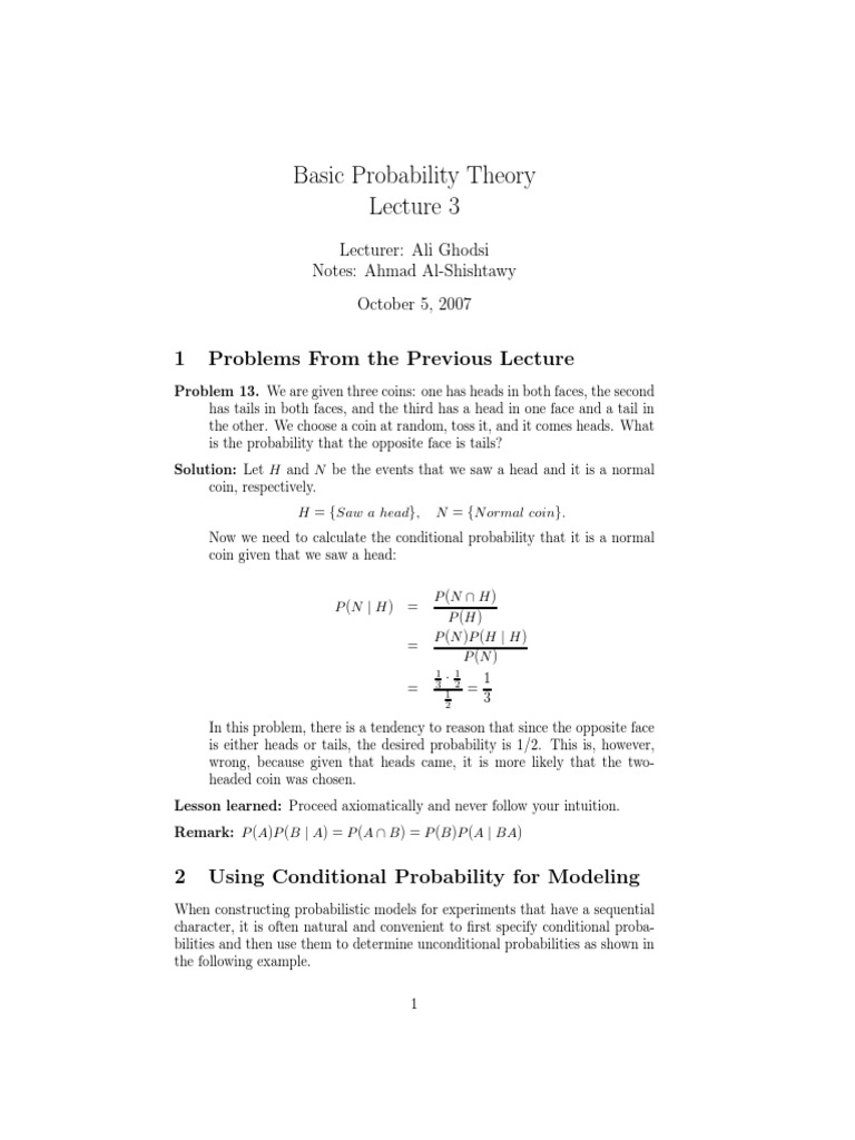 Basic Probability Theory: 1 Problems From The Previous Lecture | PDF ...