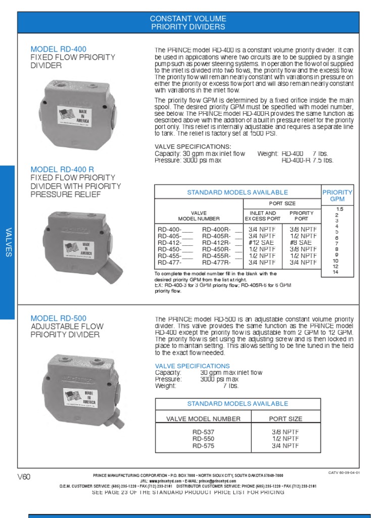 Prince Hydraulics - RD-500 Adjustable Flow Priority Divider Offered by ...