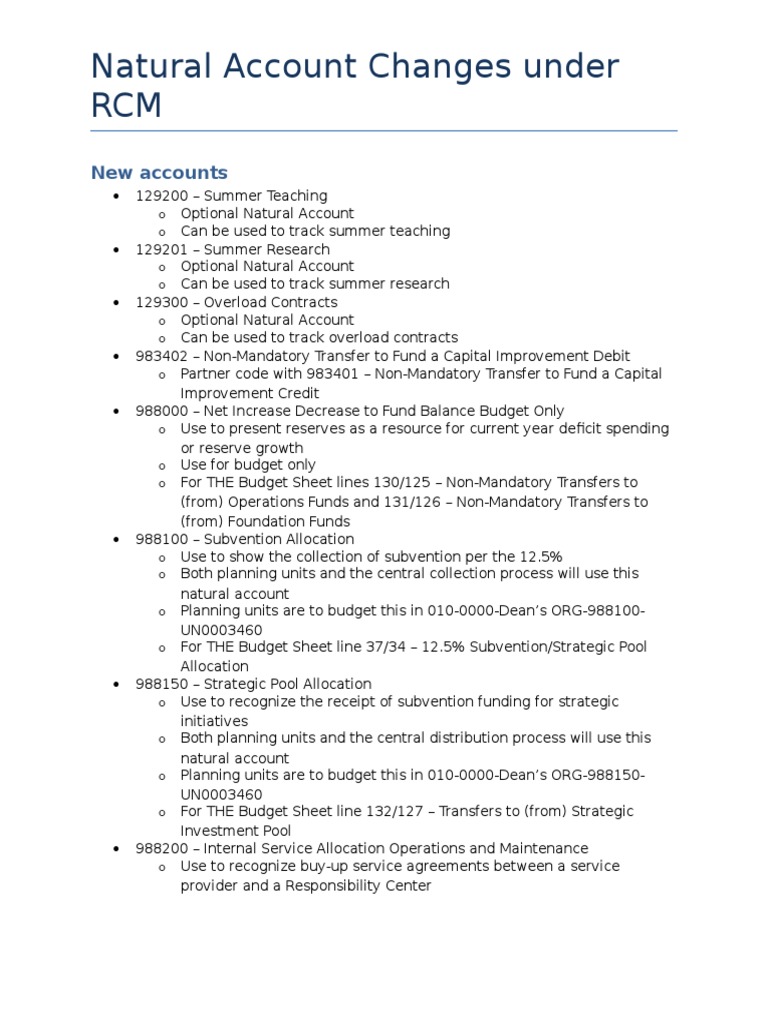 Natural Account Changes Under RCM: New Accounts | PDF | Debits And ...