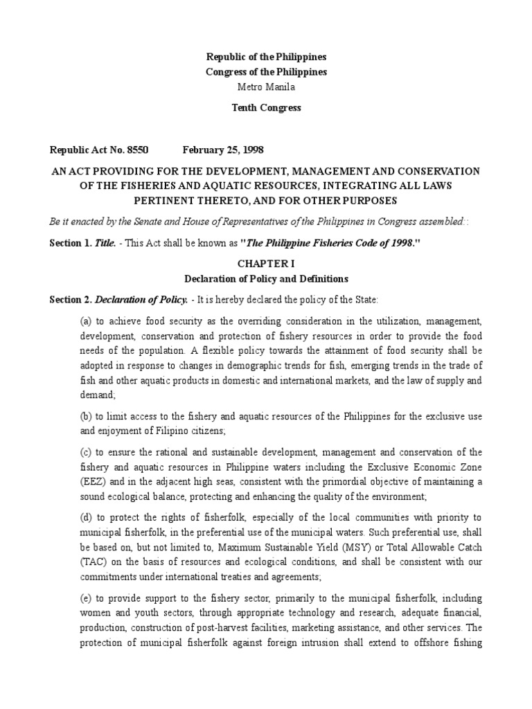 RA 8550 The Philippine Fisheries Code of 1998 | PDF | Coral | Aquatic ...