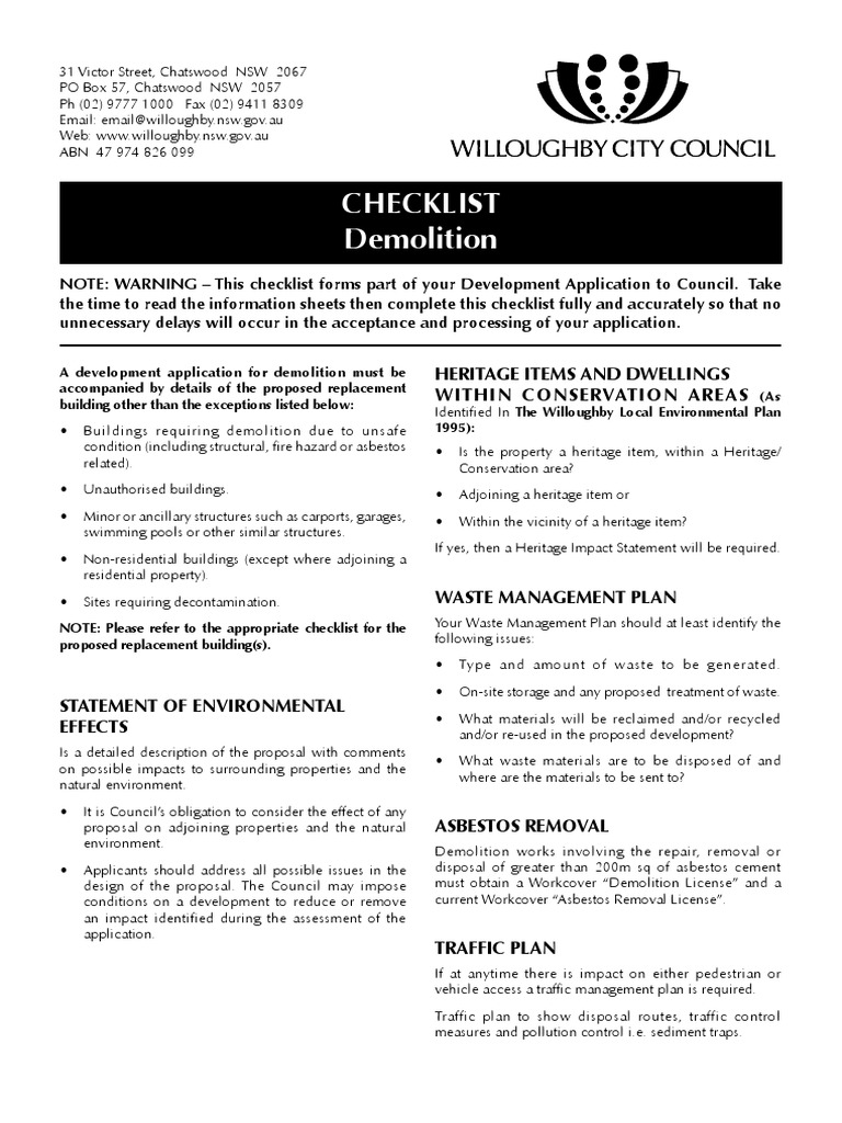 Checklist - Demolition | Demolition | Traffic