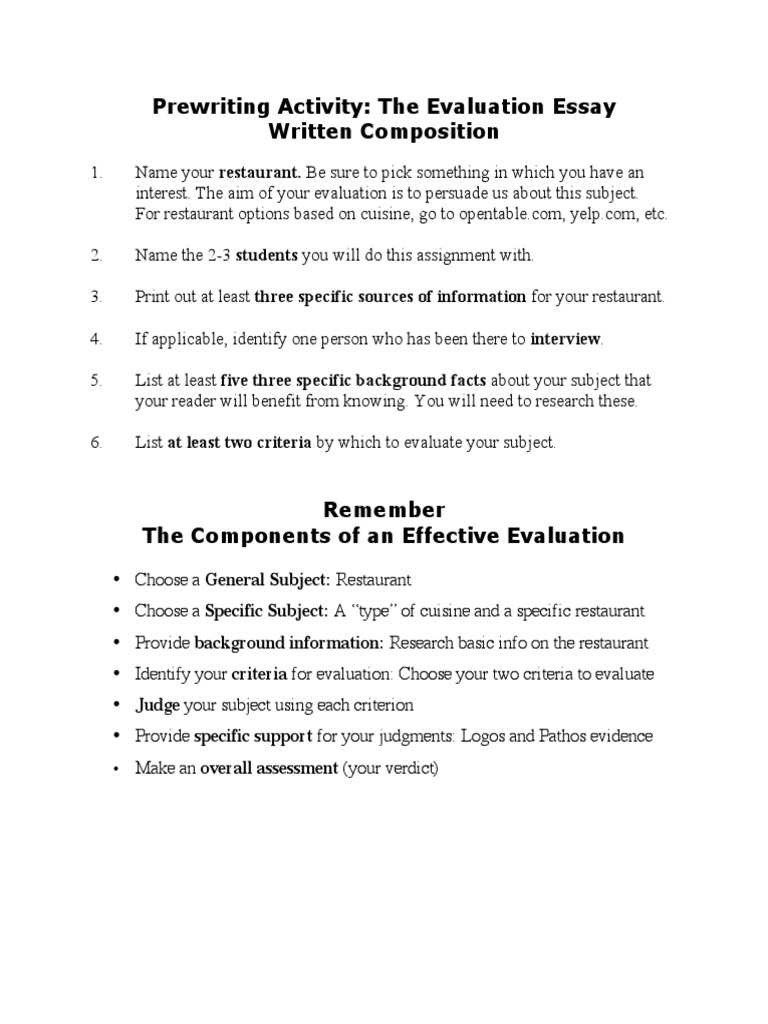 Prewriting Activity: The Evaluation Essay Written Composition | PDF