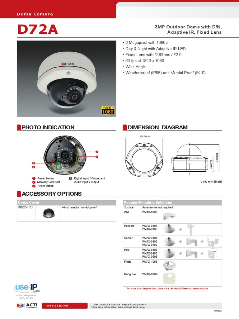 Acti D72a 3mp Outdoor Dome Camera | PDF | Camera Lens | Camera