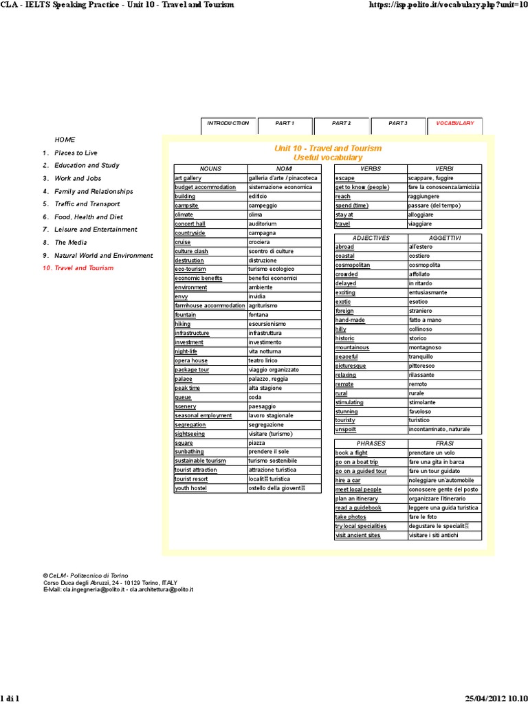 IELTS Speaking Practice - Unit 10 - Travel and Tourism | PDF