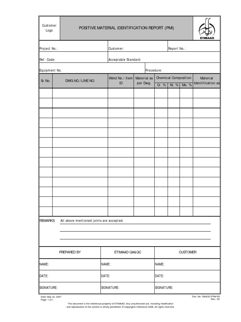 Positive Material Identification Report