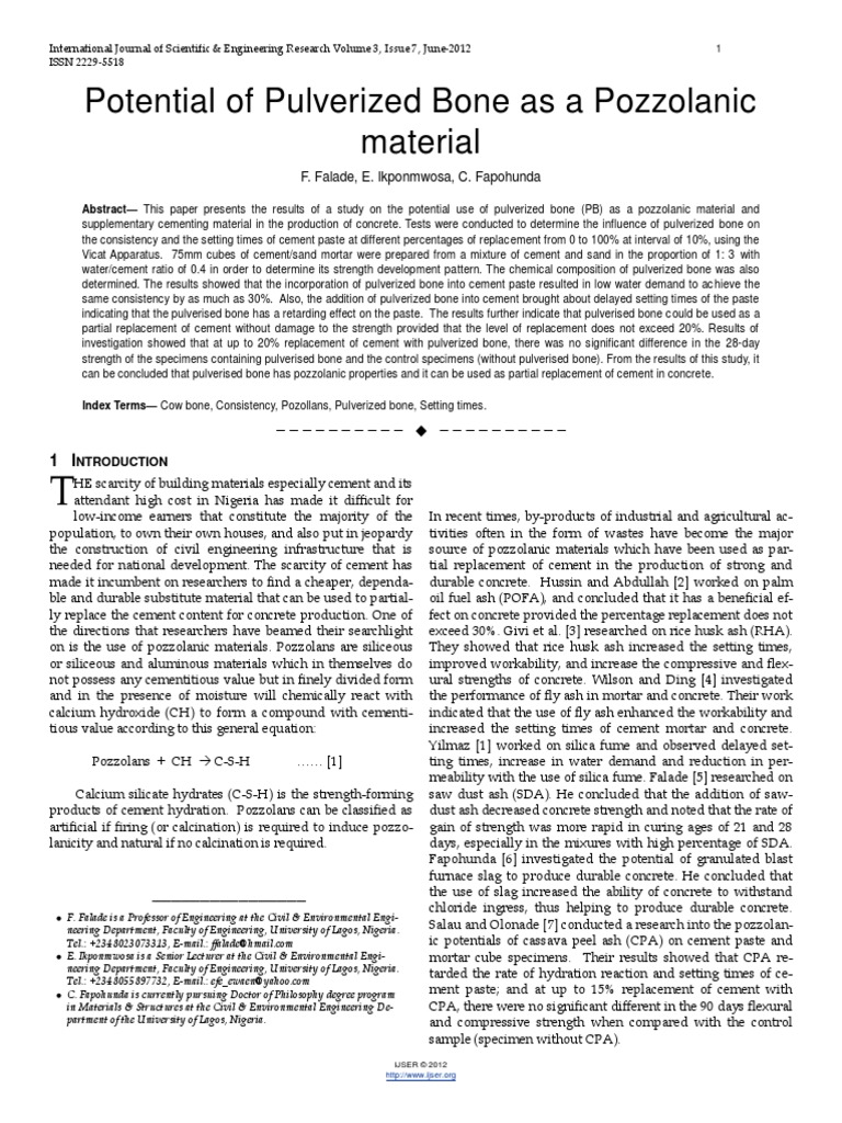 Researchpaper Potential of Pulverized Bone As A Pozzolanic Material PDF ...