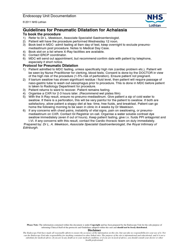 Guidelines For Pneumatic Dilatation For Achalasia | PDF | Patient ...