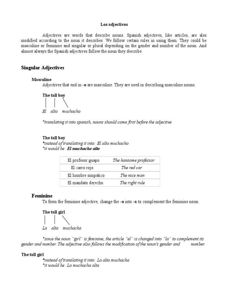 Rules for Using Spanish Adjectives: Understanding How Gender and Number ...