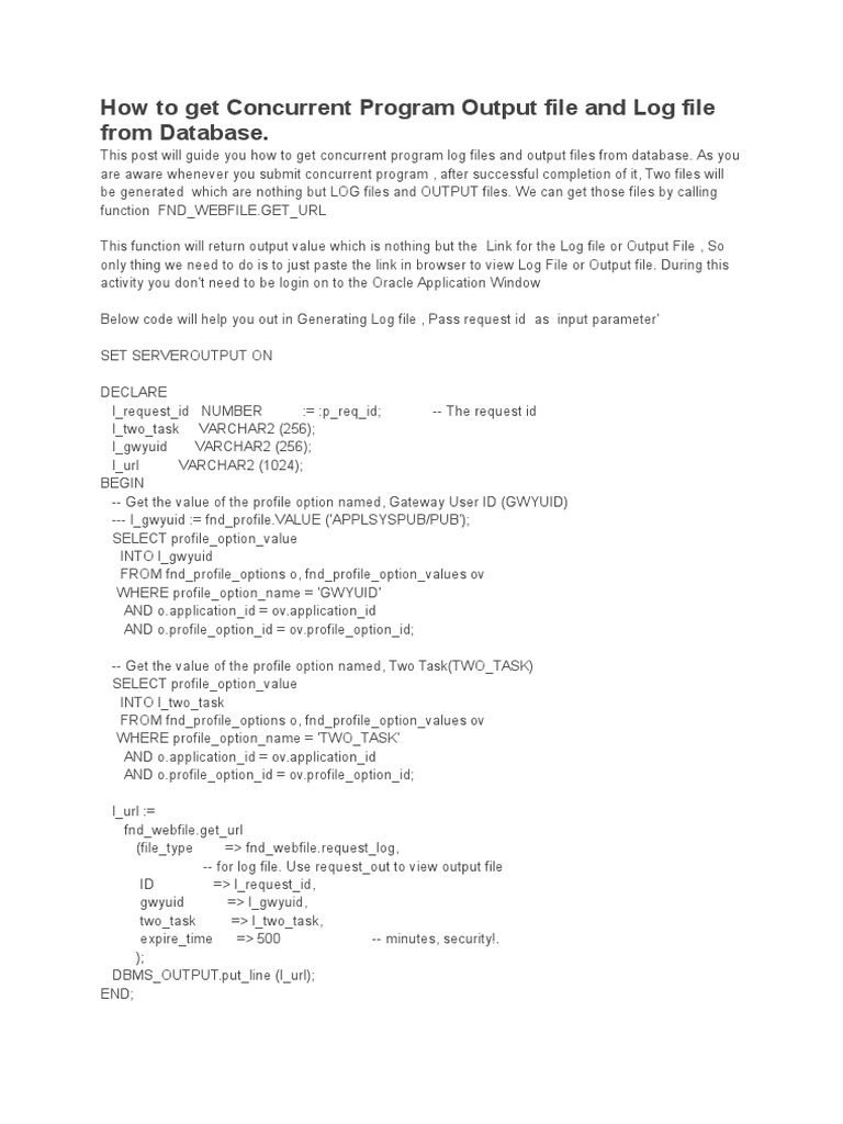 How To Get Concurrent Program Output File And Log File From Database Pdf Input Output