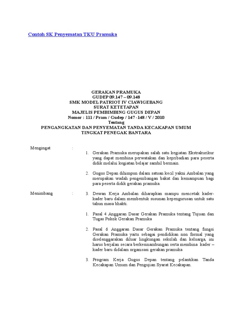 Contoh SK Penyematan TKU Pramuka | PDF