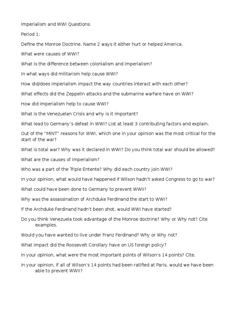 Imperialism and Wwi Questions | PDF | World War I | Imperialism