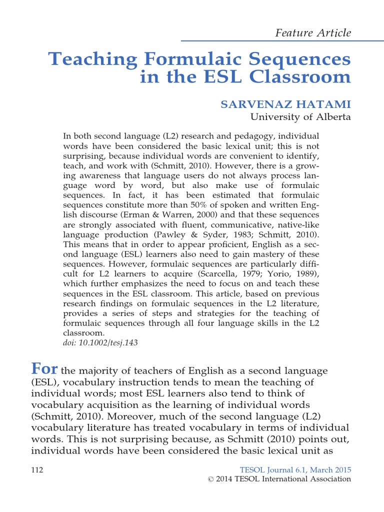Teaching Formulaic Sequences In The Esl Classroom Pdf English As A