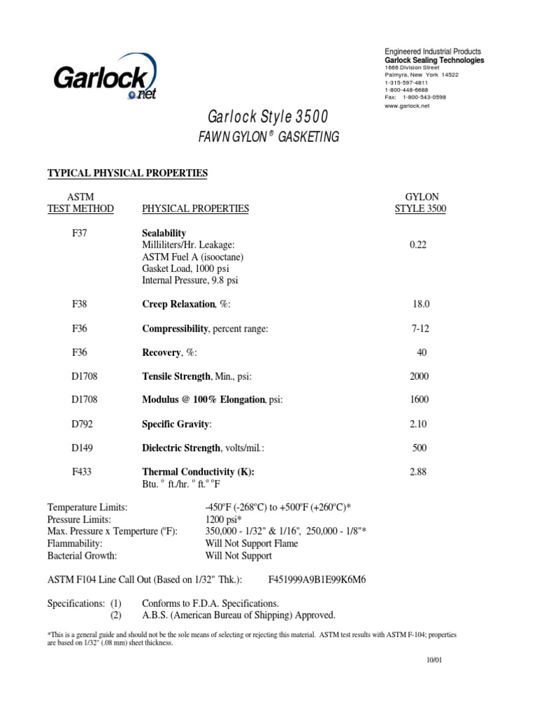Garlock Style 3500: Fawn Gylon Gasketing | PDF