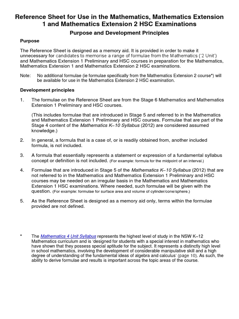 HSC Mathematics Reference Sheet | PDF | Formula | Area