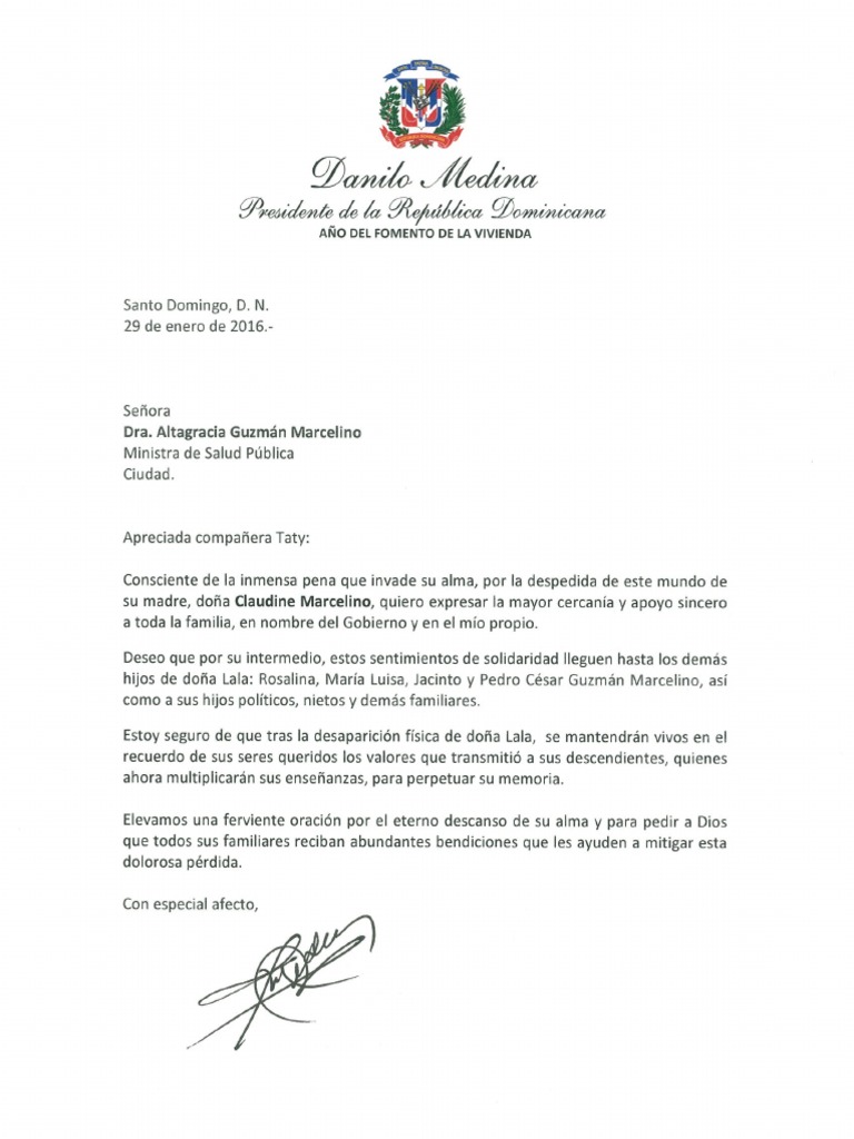Carta de Condolencias Del Presidente Danilo Medina A Altagracia Guzmán Marcelino Por ...