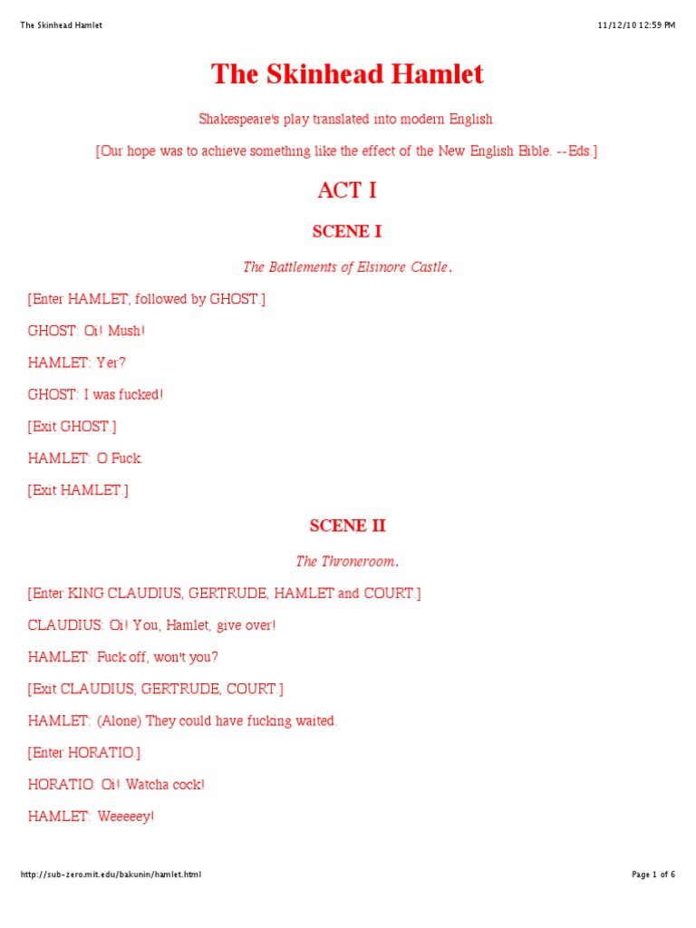 The Skinhead Hamlet | PDF | Hamlet | Plays Based On European Myths And ...