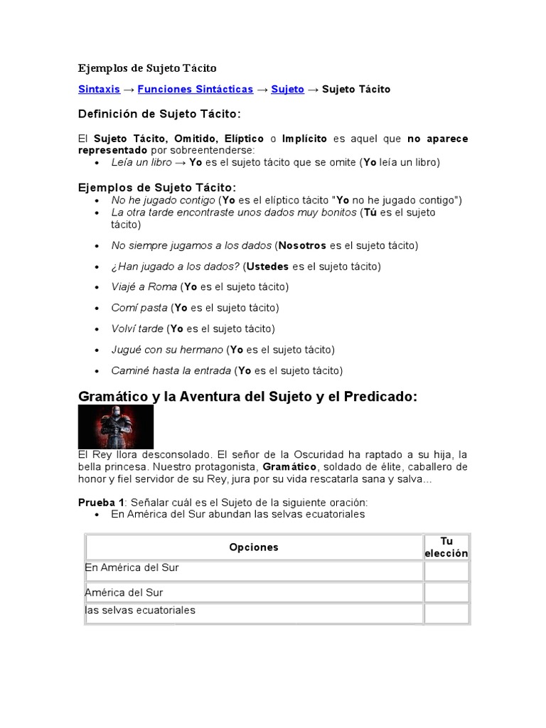 Ejemplos de Sujeto Tácito | PDF | Asunto (gramática) | Adverbio