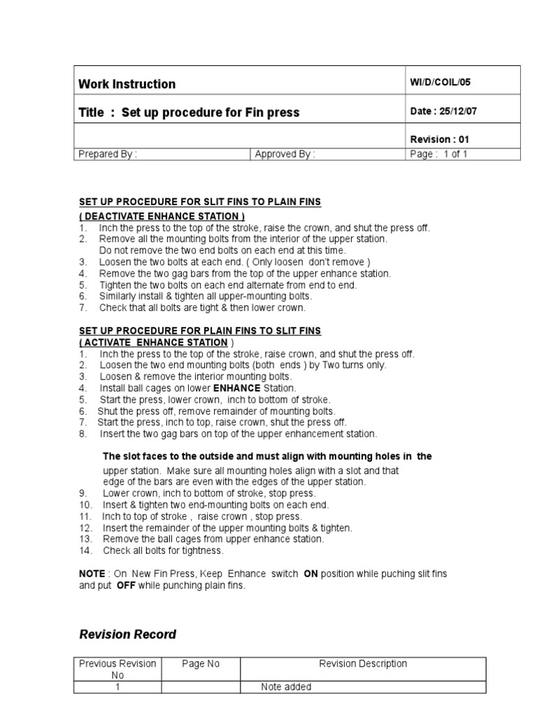Work Instruction Title: Set Up Procedure For Fin Press: Revision Record ...
