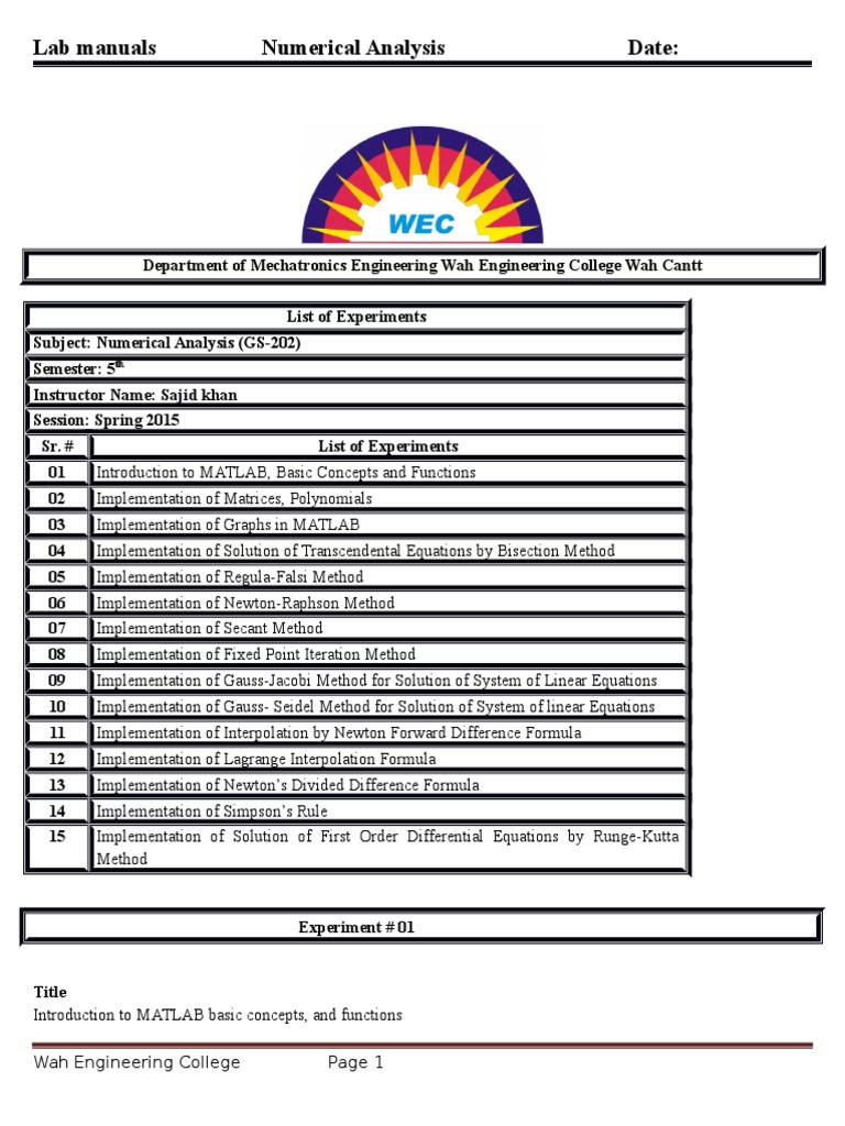 Matlab Lab Manual | PDF | Numerical Analysis | Matlab