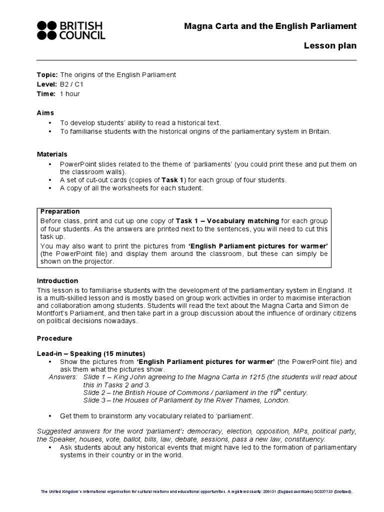 English Parliament Lesson Plan | PDF | House Of Commons Of The United ...