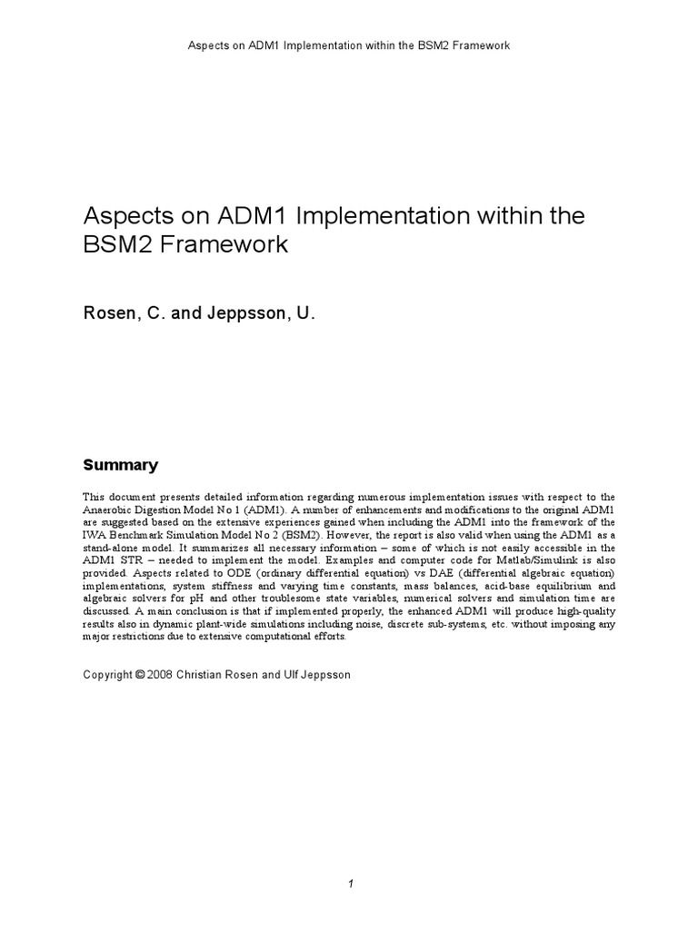 Aspects On ADM1 Implementation Within The BSM2 Framework | PDF | Ordinary Differential Equation ...