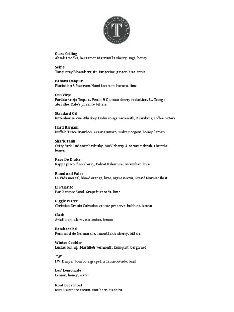 Treasury Cocktail and Food Menu | PDF | Cooking, Food & Wine