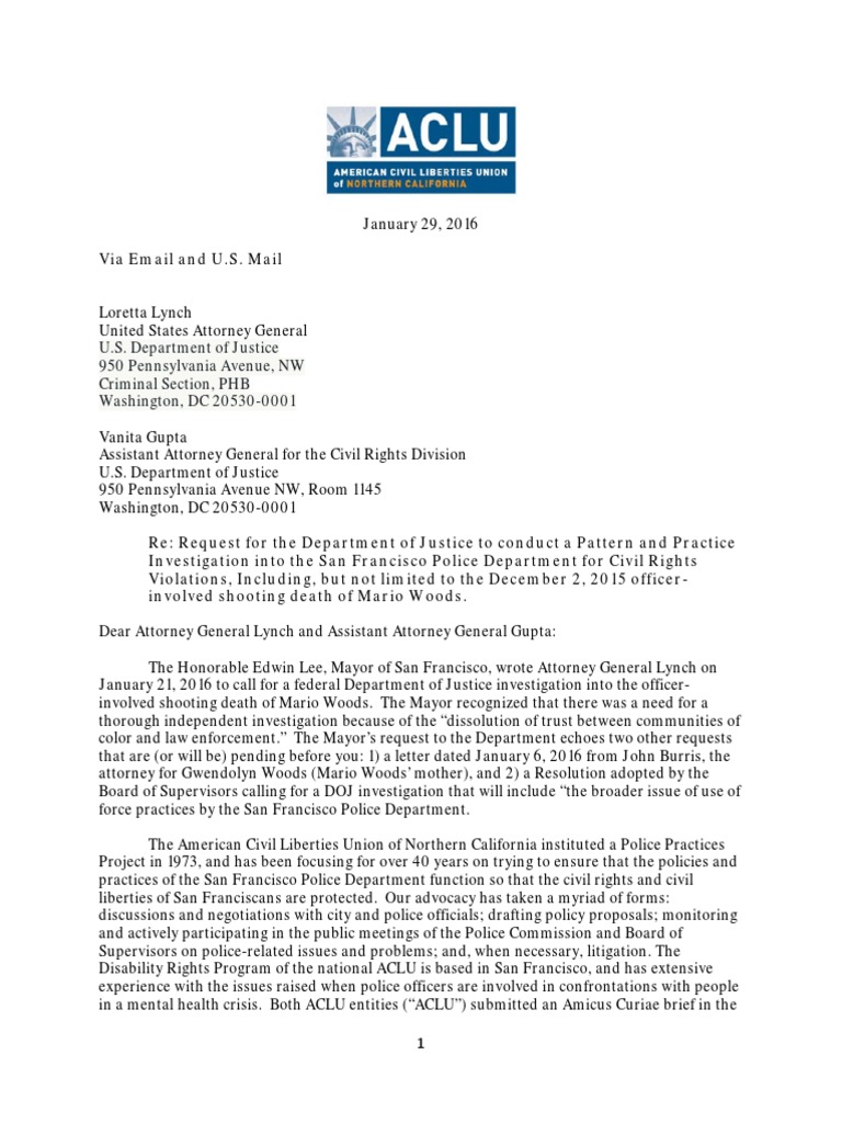 20160129-Aclu Letter Requesting Independent Investigation Into Sfpd ...