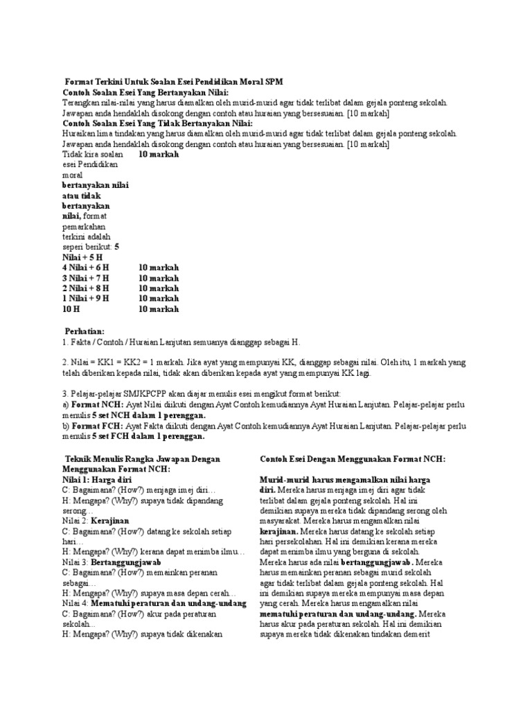 Format Terkini Untuk Soalan Esei Pendidikan Moral SPM | PDF