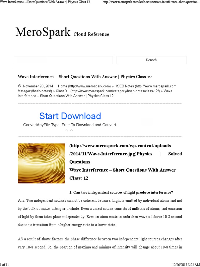 Wave Interference - Short Questions With Answer - Physics Class 12 | PDF | Diffraction ...