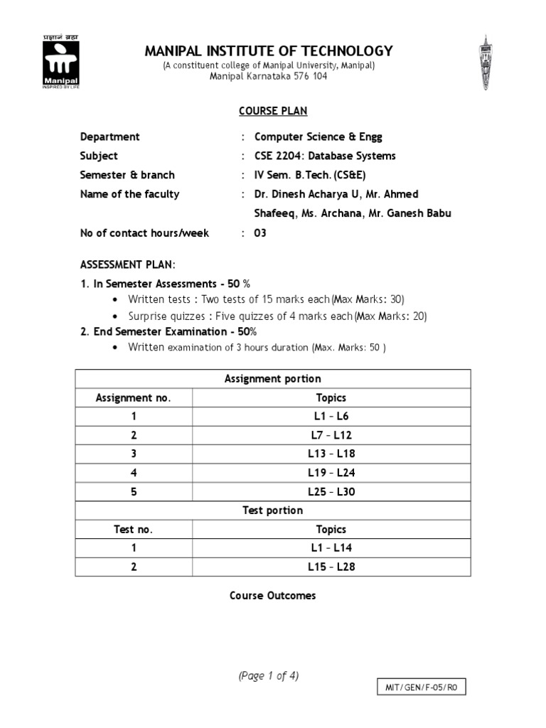 CSE 2204 Database Systems Lesson Plan 2016 | Relational Model ...