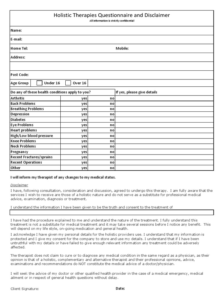 Holistic Questionnaire Template | PDF | Therapy | Alternative Medicine